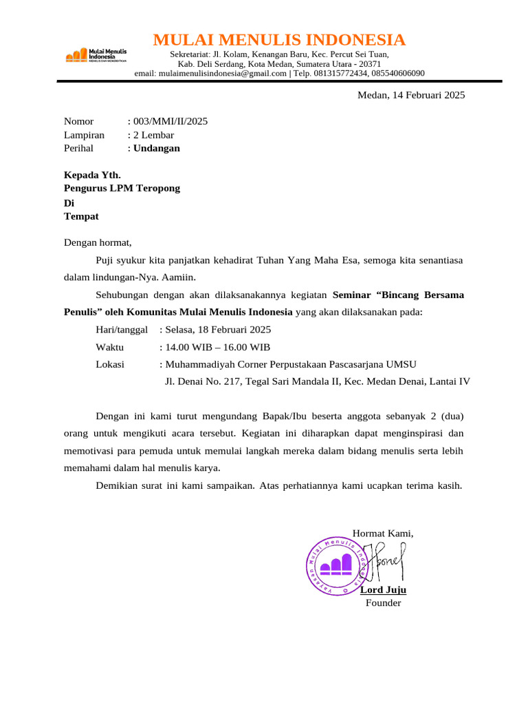 Surat Undangan Seminar Bincang Penulis LPM Teropong | PDF