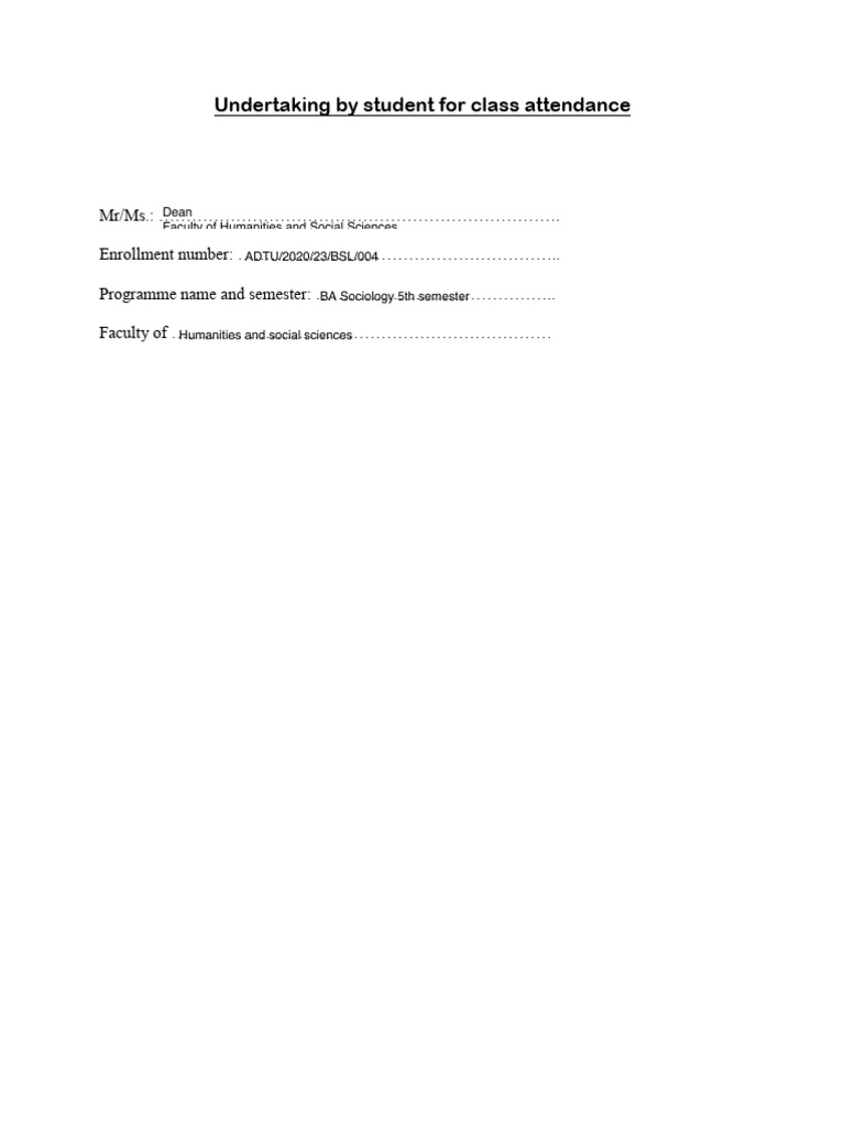 26.10.23 - Format - Undertaking by Student For Class Attendance | PDF