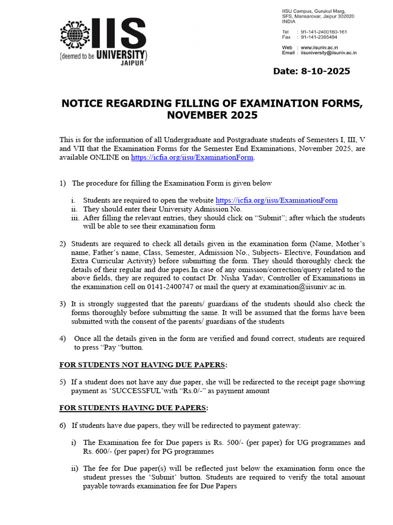 IIS University Exam Form Notice 2025 | PDF | Payments