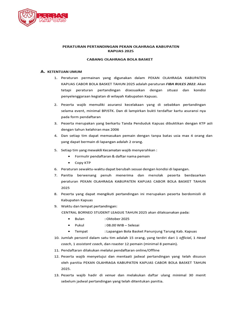 Juklak Juknis PORKAB Cabor Bola Basket Kab. Kapuas Tahun 2025 | PDF
