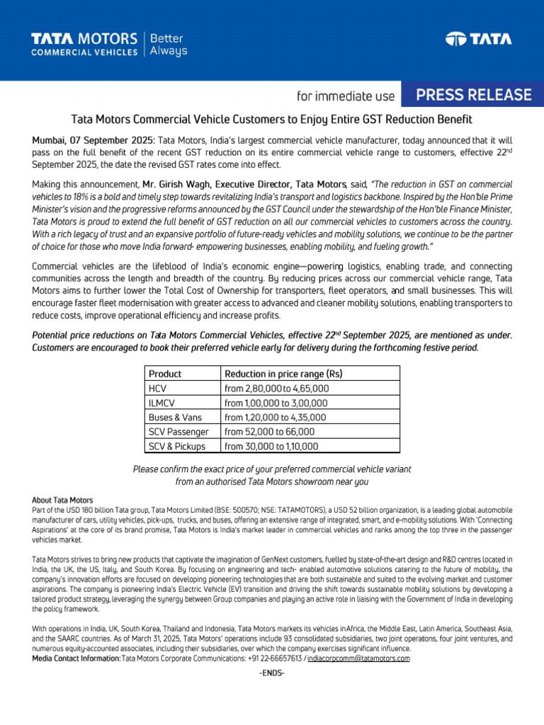 PR Tata Motors CV Customers Enjoy GST Reduction Benefit | PDF