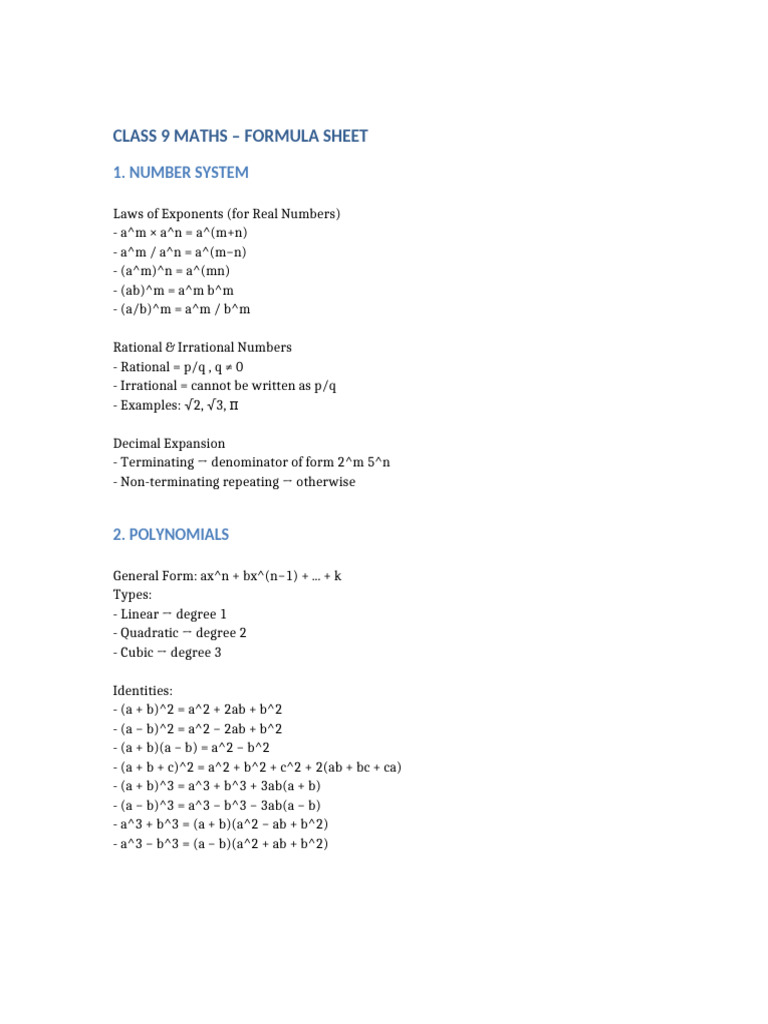 Class 9 Maths Formula Sheet | PDF