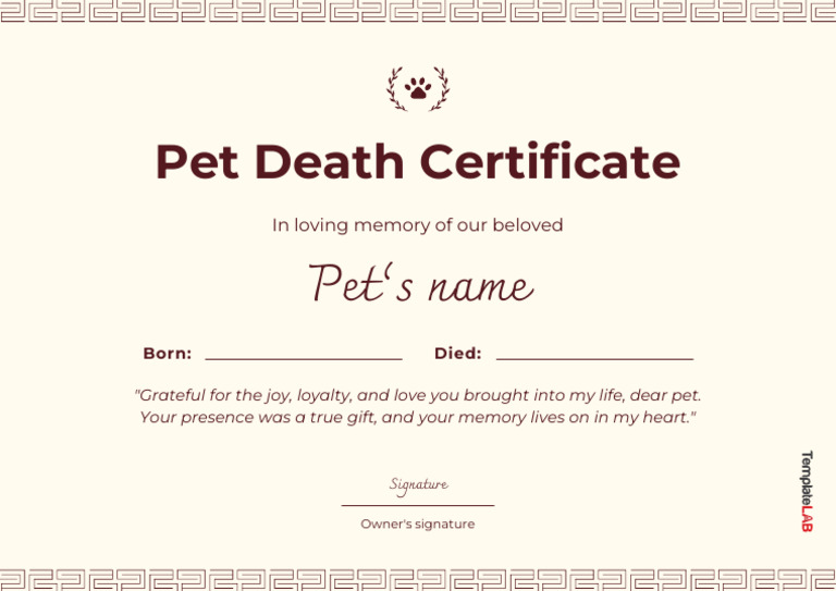 Pet Death Certificate Template | PDF