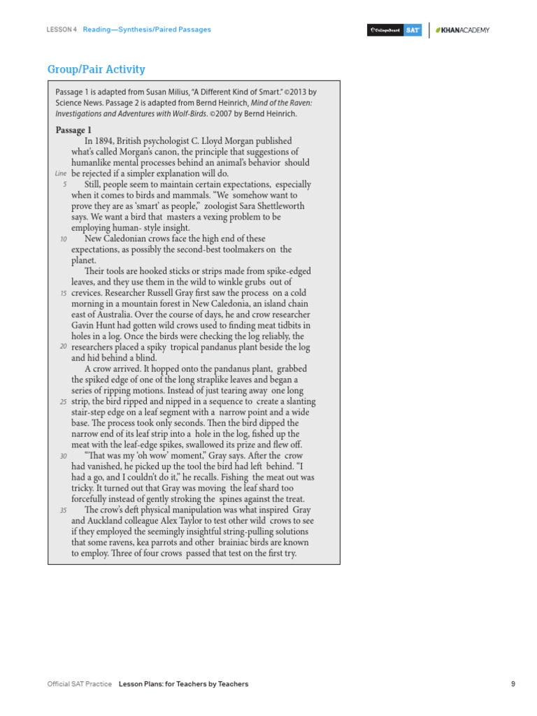 Official Sat Practice Lesson Plan Reading Synthesis 9 11 | PDF | Zoology