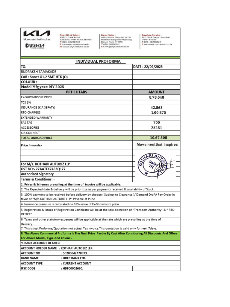 Kia Sonet Proforma Invoice 2025 | PDF