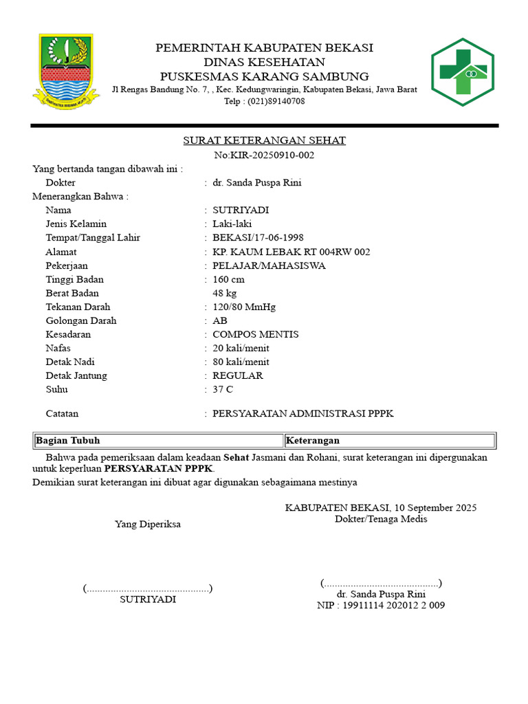 Surat Keterangan Sehat Sutriyadi Bekasi | PDF