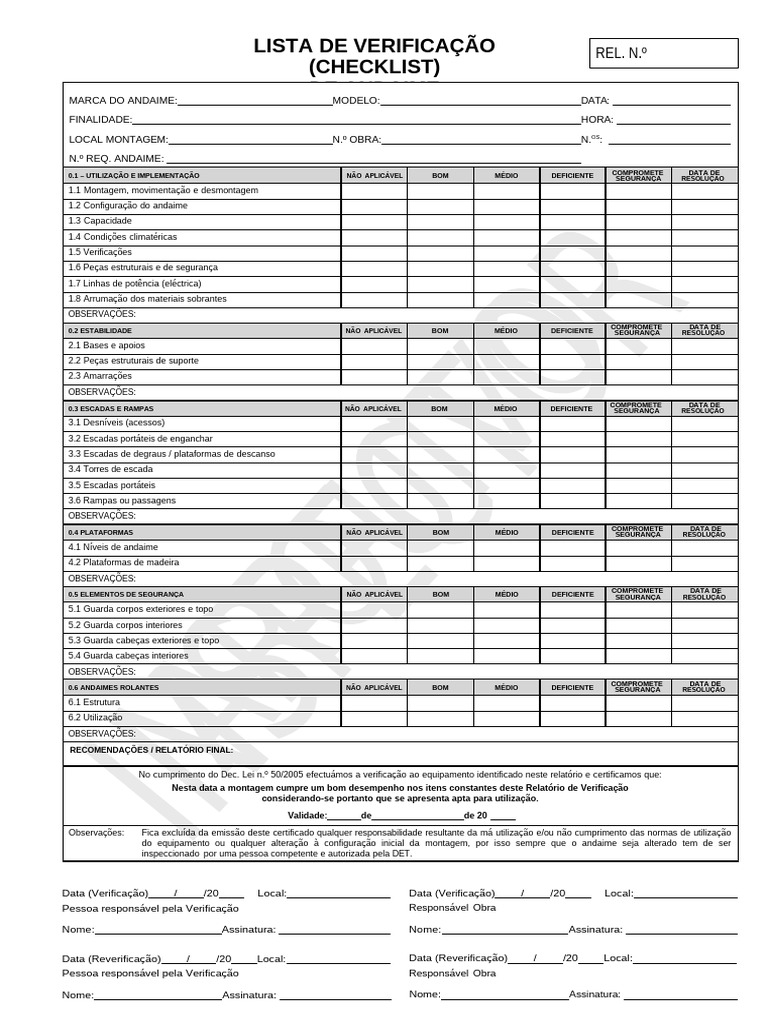 Checklist de Verificação de Andaime | PDF