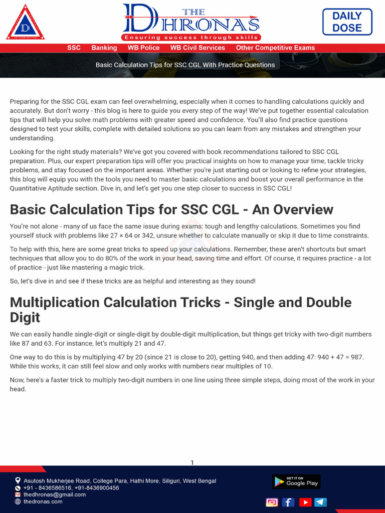 Blog Basic Calculation Tips For SSC CGL With Practice Questions | PDF