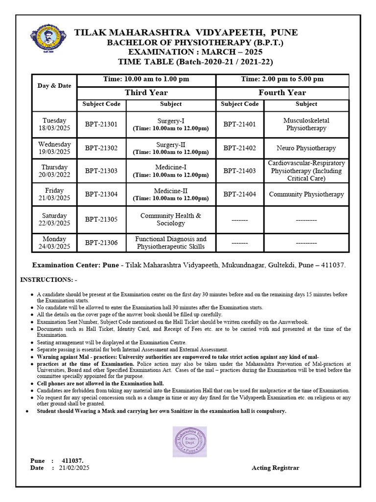 BPT 3rd and 4th Year Time Table March -2025 Exam | PDF