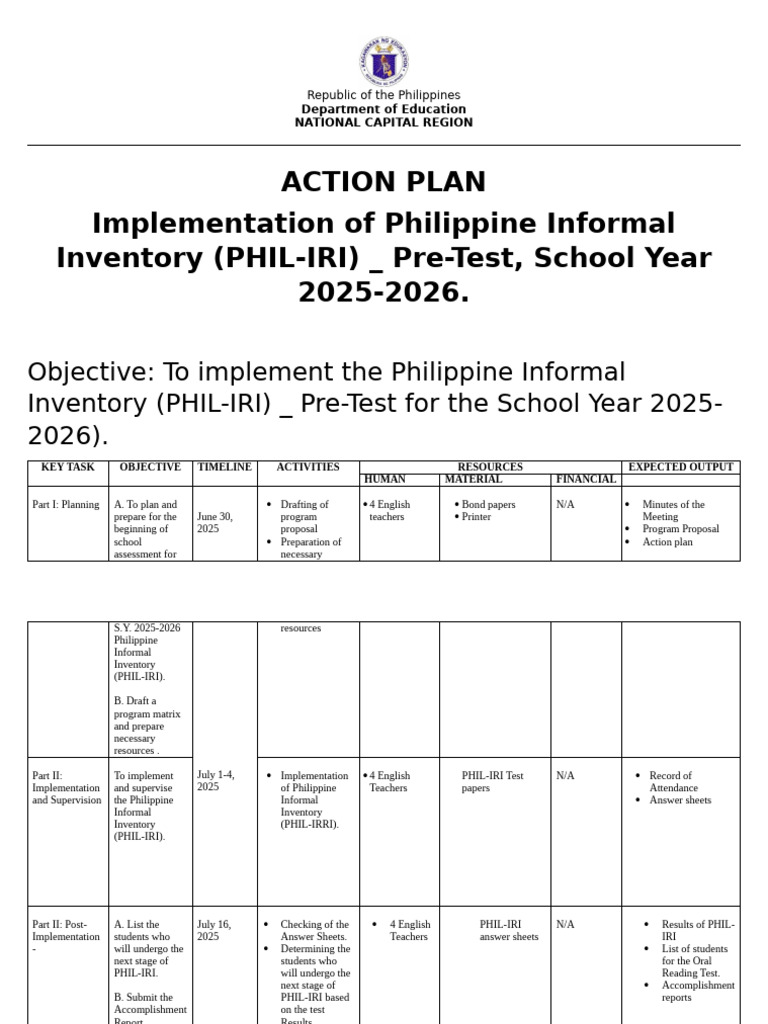 PHIL-IRI Pre-Test Action Plan 2025-2026 | PDF
