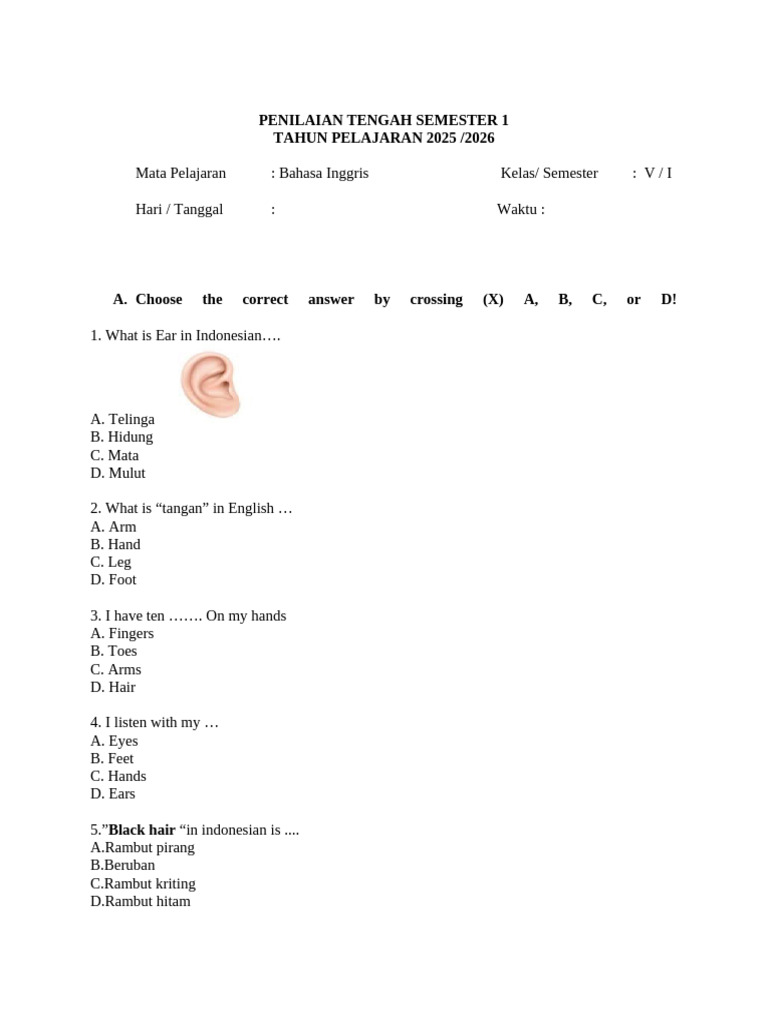 Soal Uts B.inggris Kelas 5 Sem 1 | PDF