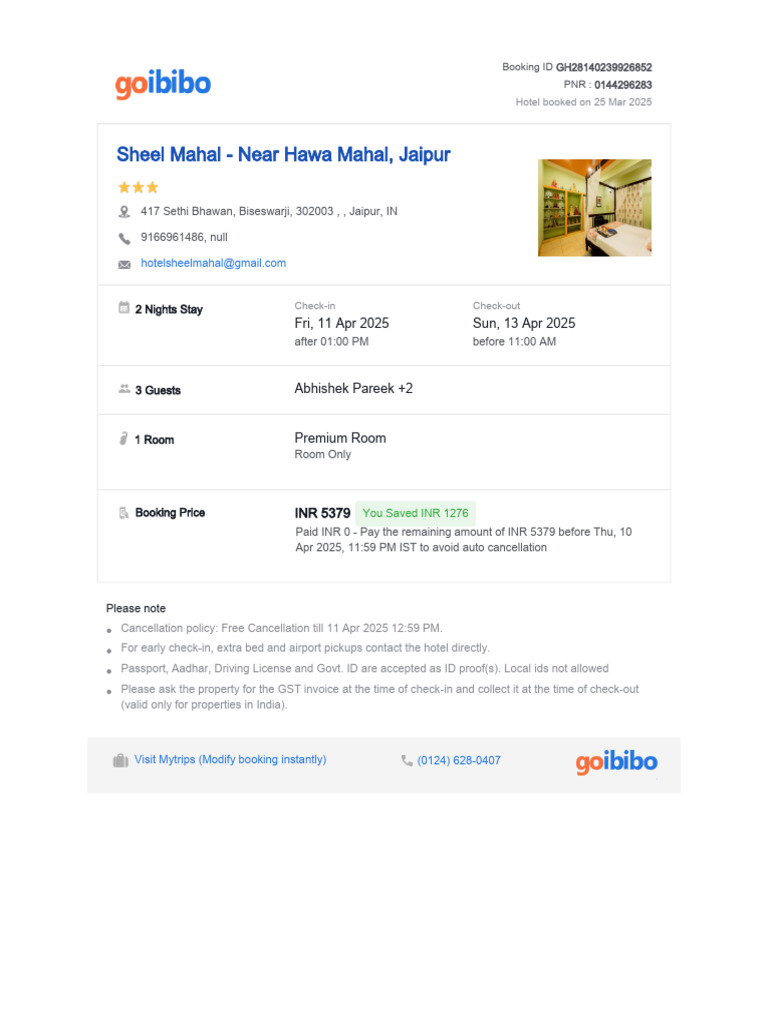 Jaipur Hotel Booking Confirmation | PDF