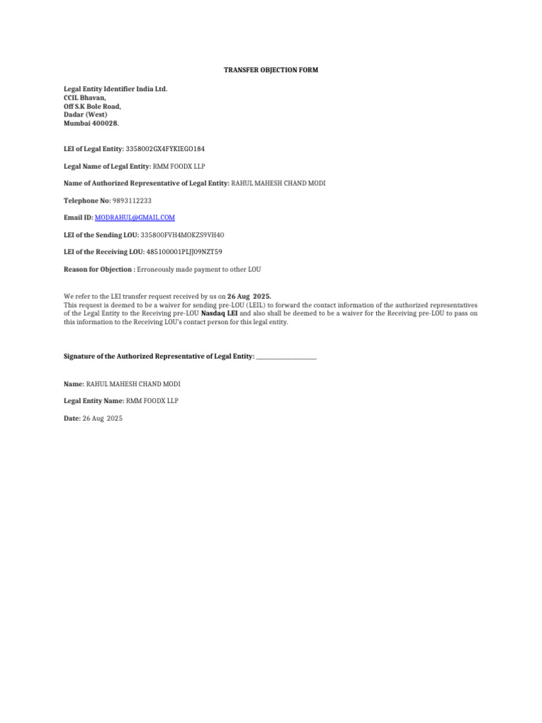 Transfer Objection Form | PDF