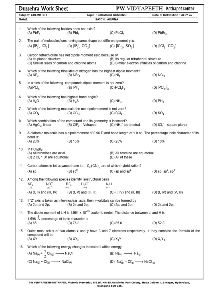 AJ CHEM DAY 1 QP Chemical Bonding | PDF | Chemical Bond | Chemical Polarity