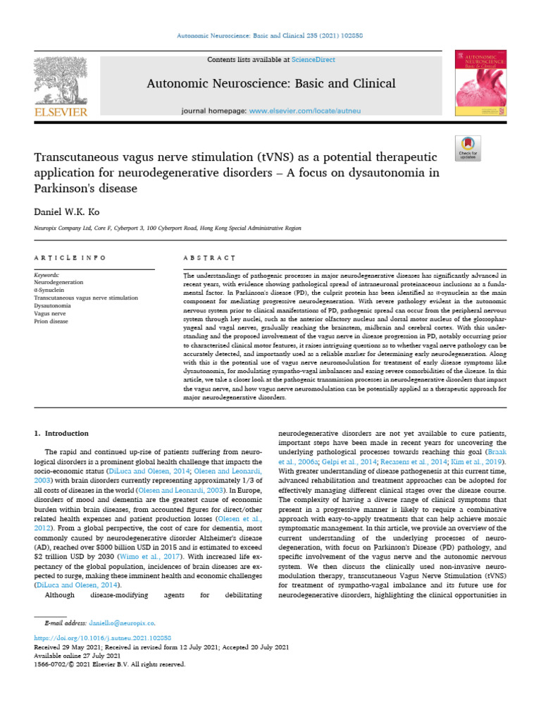 tVNS for Parkinson's Dysautonomia Treatment | PDF | Vagus Nerve ...