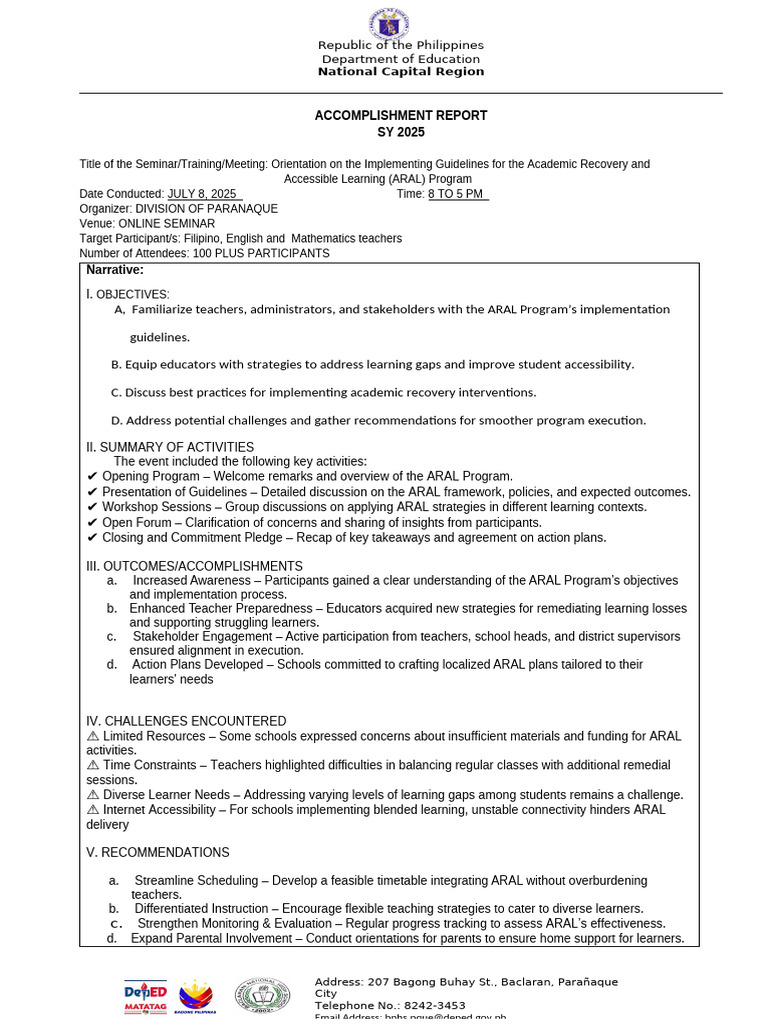 Accomplishment Report Aral Seminar | PDF | Differentiated Instruction | Learning