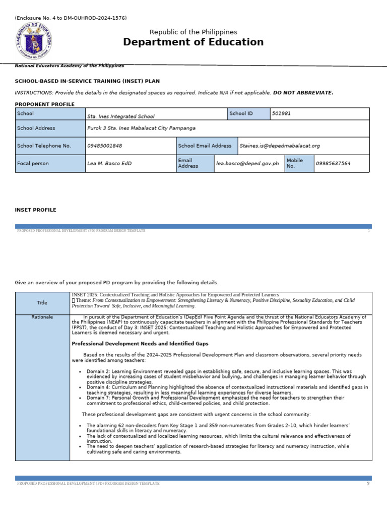 Revised Sept 6-SIIS-Enclosure No. 4 School-Based INSET Plan | PDF ...