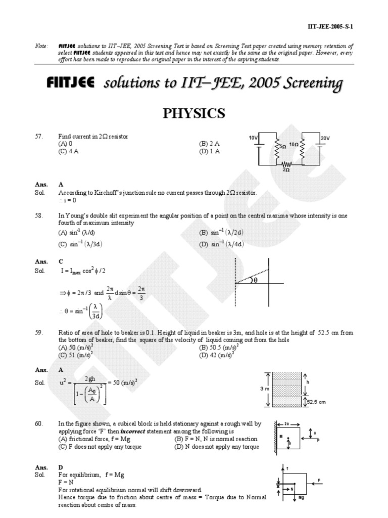 Iit Jee Screening Physics 2005 Solution | PDF