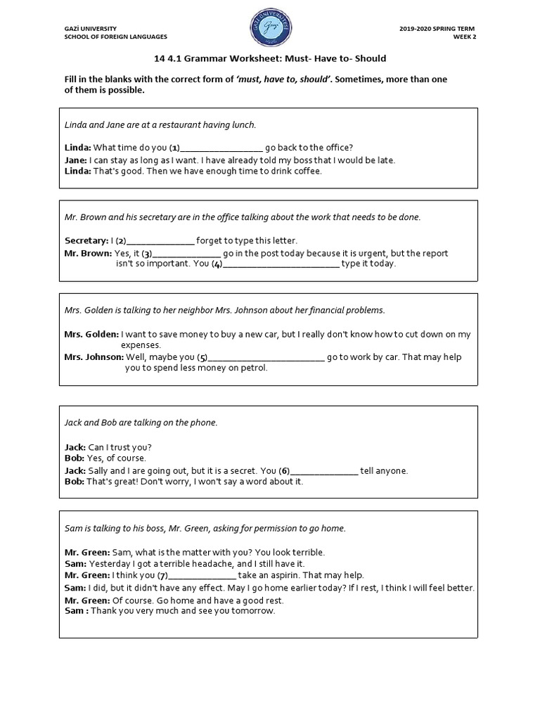 Grammar Worksheet: Must, Have to, Should | PDF