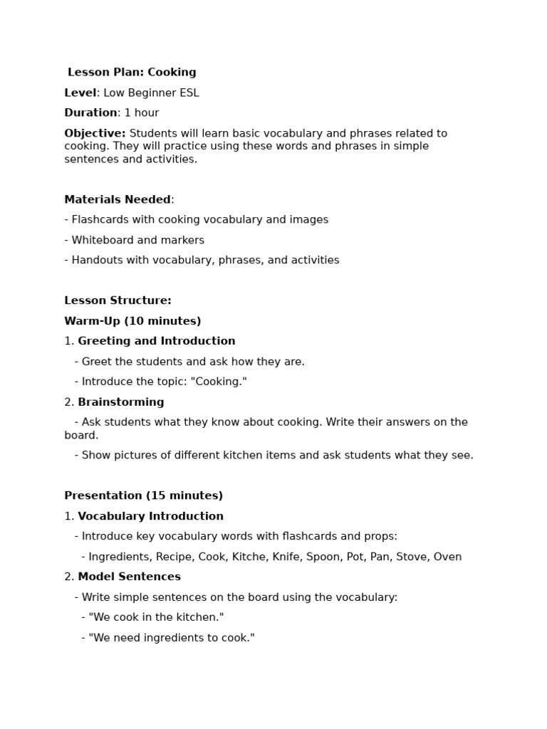 ESL Cooking Vocabulary Lesson Plan | PDF