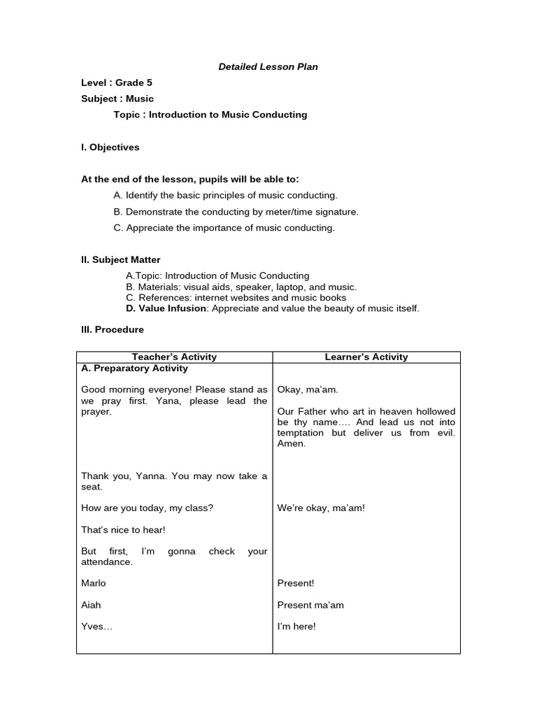 Grade 5 Music Conducting Lesson Plan | PDF | Conducting | Musicology