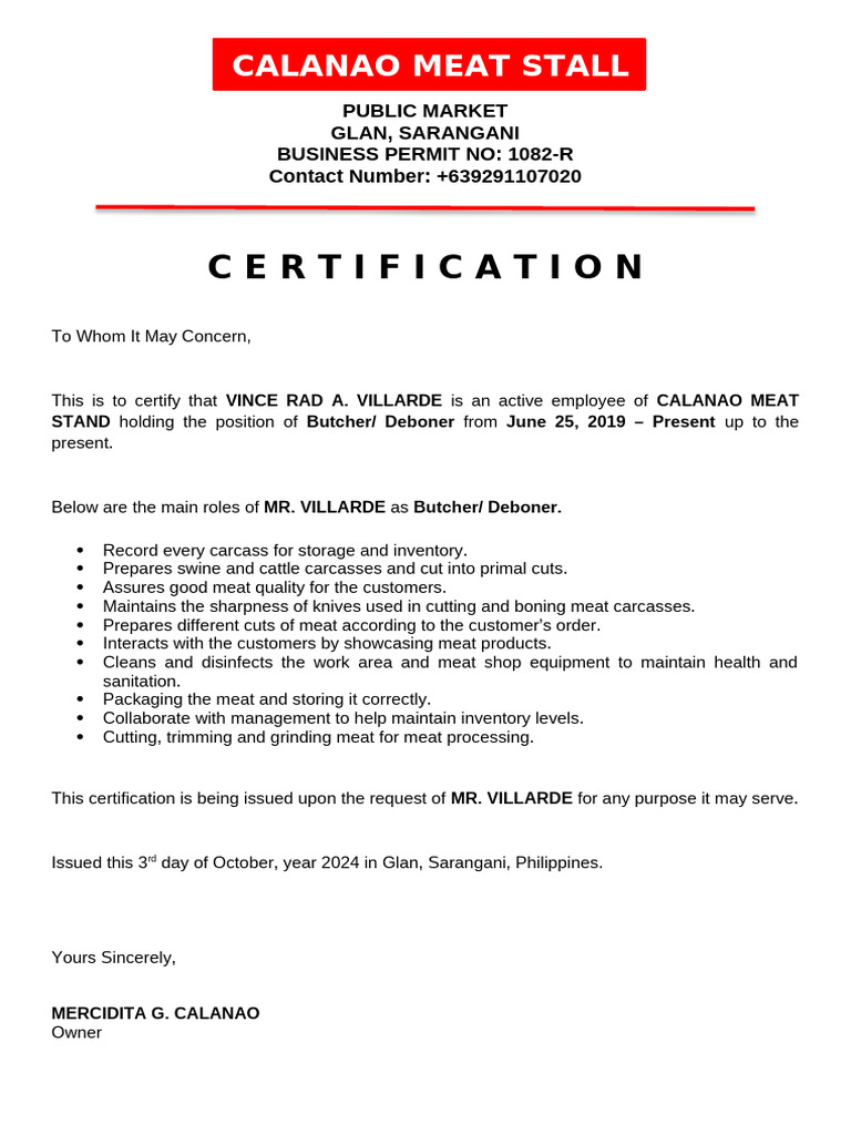 Certification for Butcher at Calanao Meat Stall | PDF