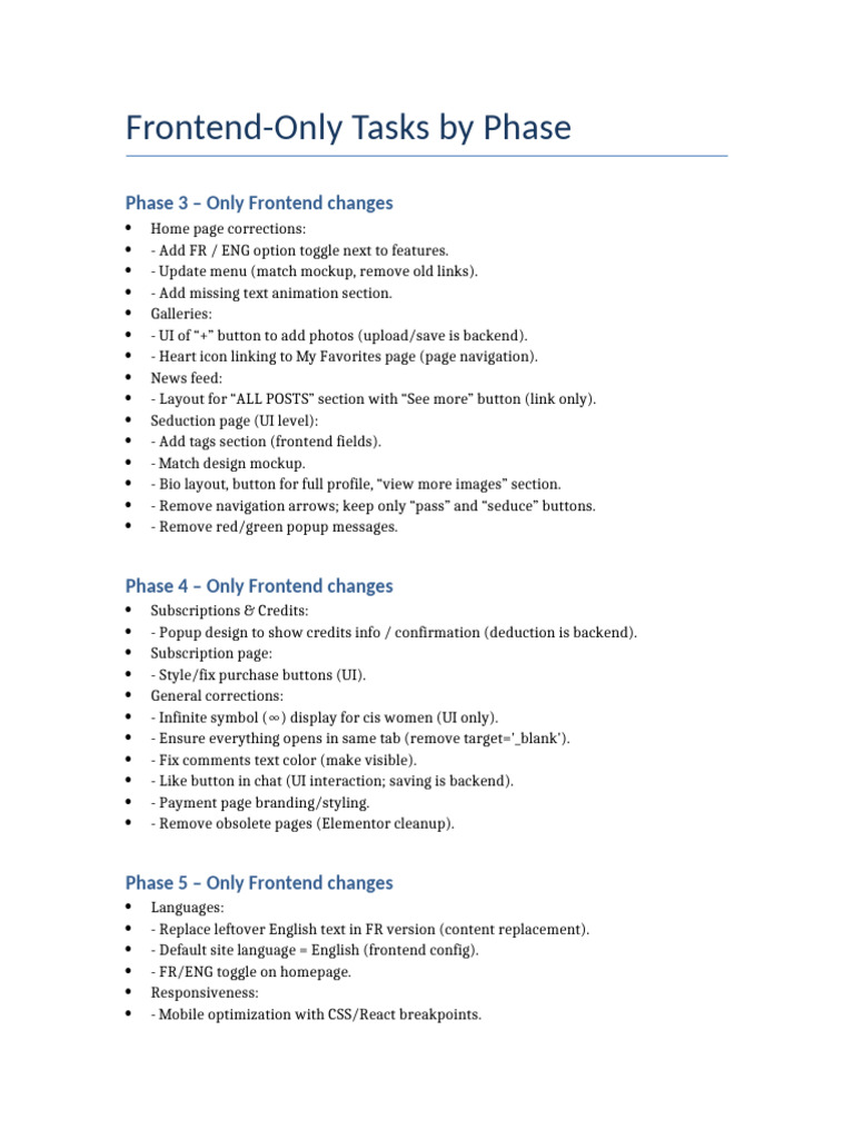 Frontend Tasks by Phase | PDF