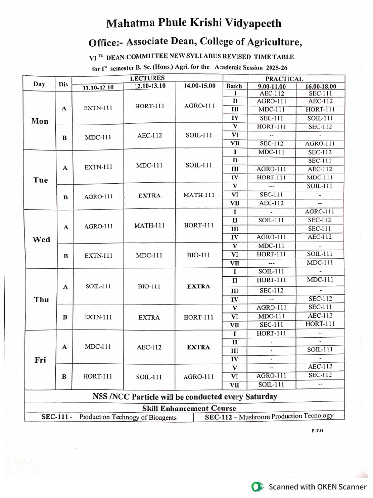 Revised 1 Sem - Time Table ..Year 2025.26 | PDF