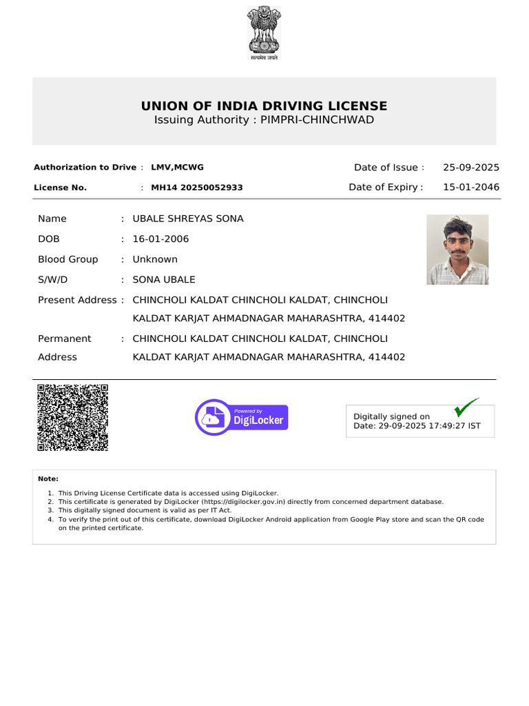 Union of India Driving License Details | PDF