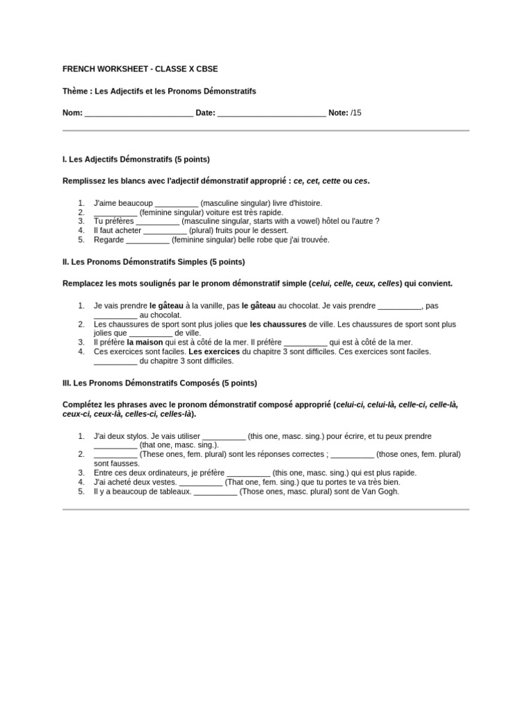 FRENCH WORKSHEET - Adj & Pronom - Demonstratif | PDF
