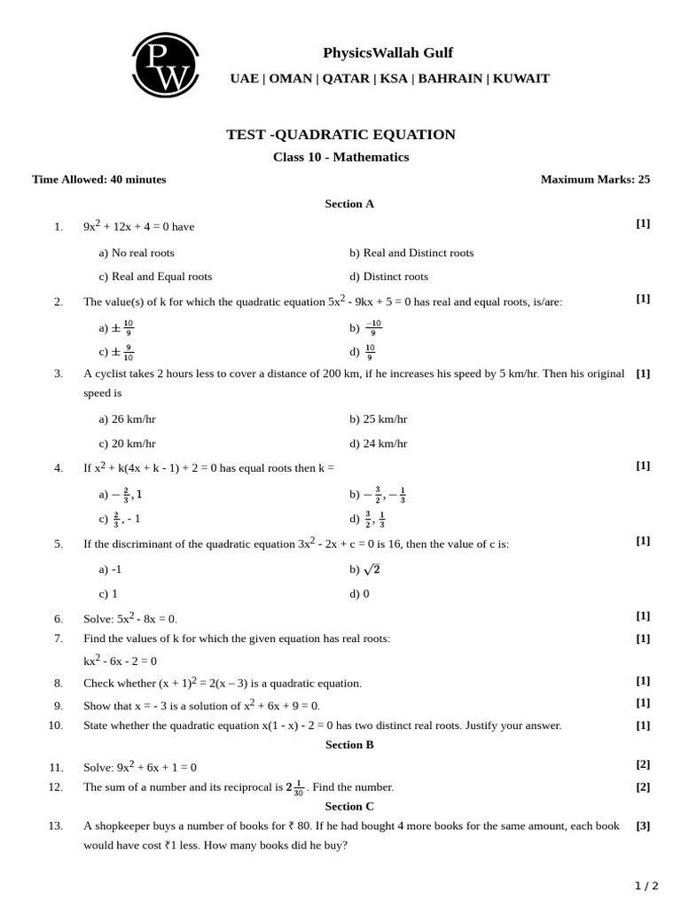 Test - Quadratic Equations - 250907 - 153300 | PDF | Quadratic Equation ...