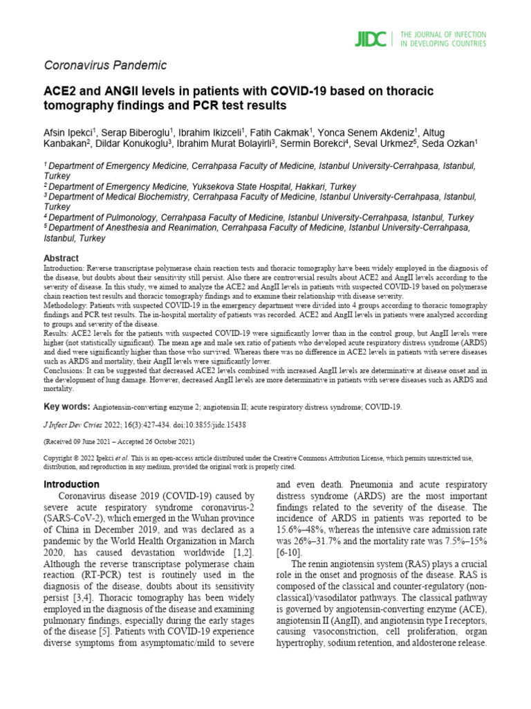 ACE2 and ANGII Levels in Patients With COVID-19 Based On Thoracic ...