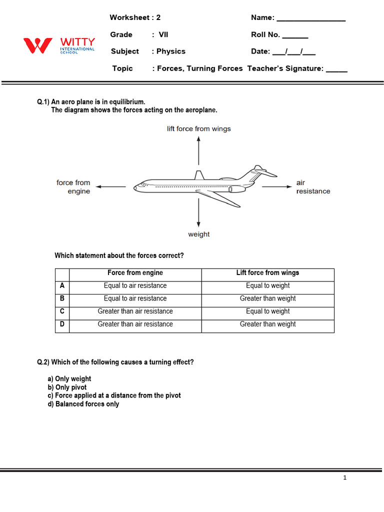 Forces and Moments Worksheet for Grade VII | PDF | Force | Buoyancy