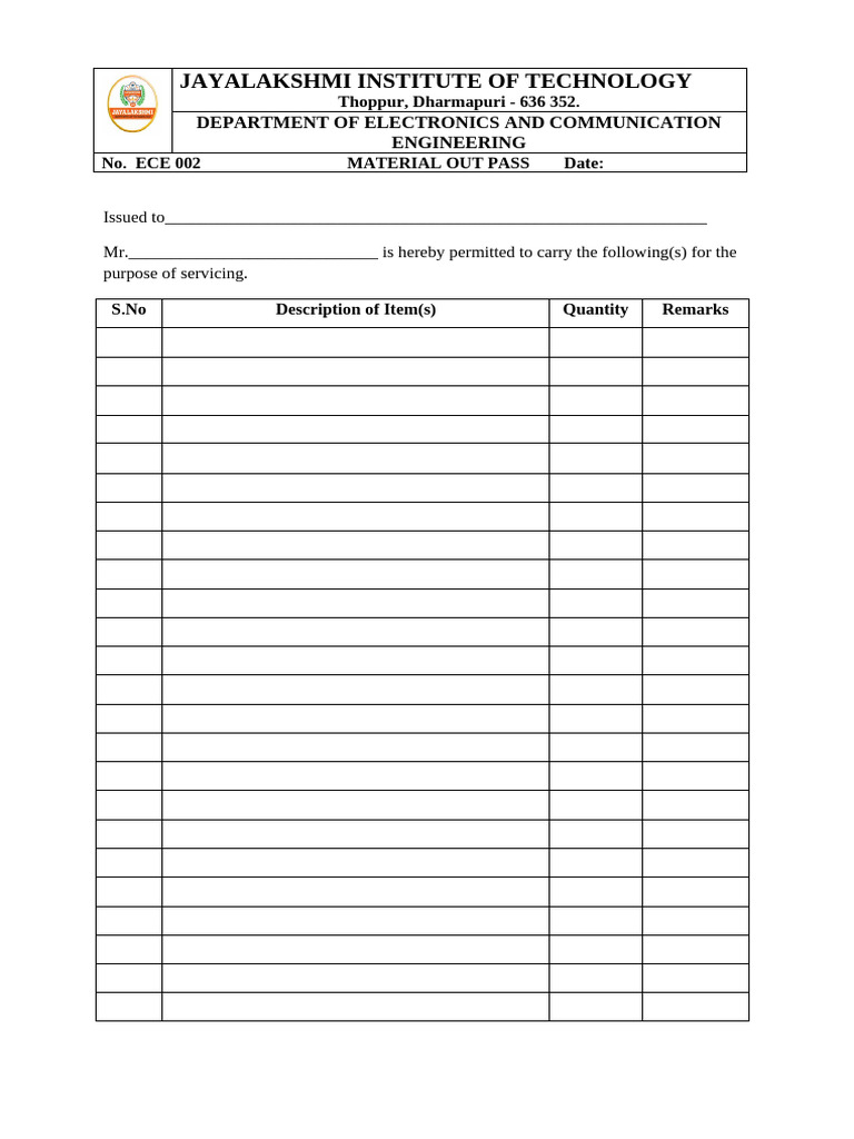 ECE Material Out Pass Template | PDF