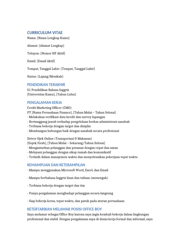 Contoh CV Lamaran Kerja Office Boy | PDF