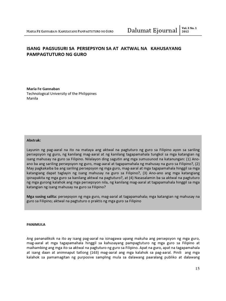 Dalumat Ejournal: Isang Pagsusuri Sa Persepsyon Sa at Aktwal Na Kahusayang Pampagtuturo NG Guro ...