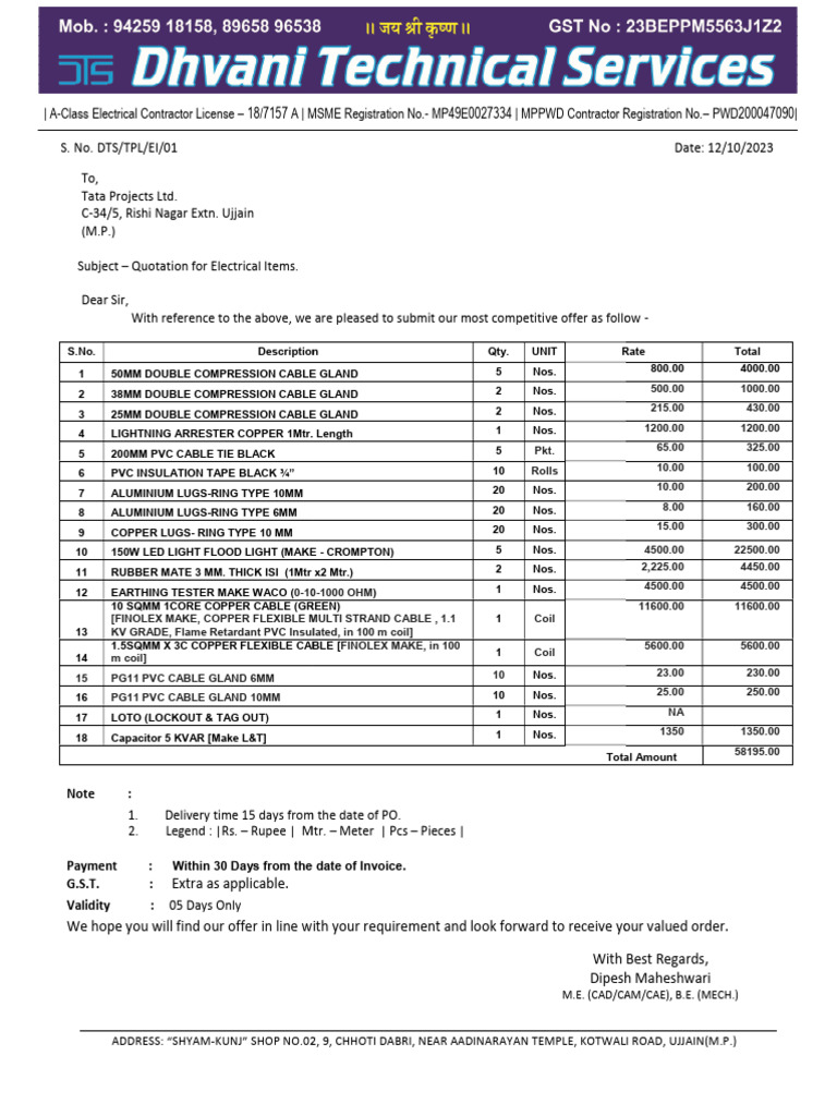 Quotation For Electrical Item | PDF | Electric Power | Electrical Equipment
