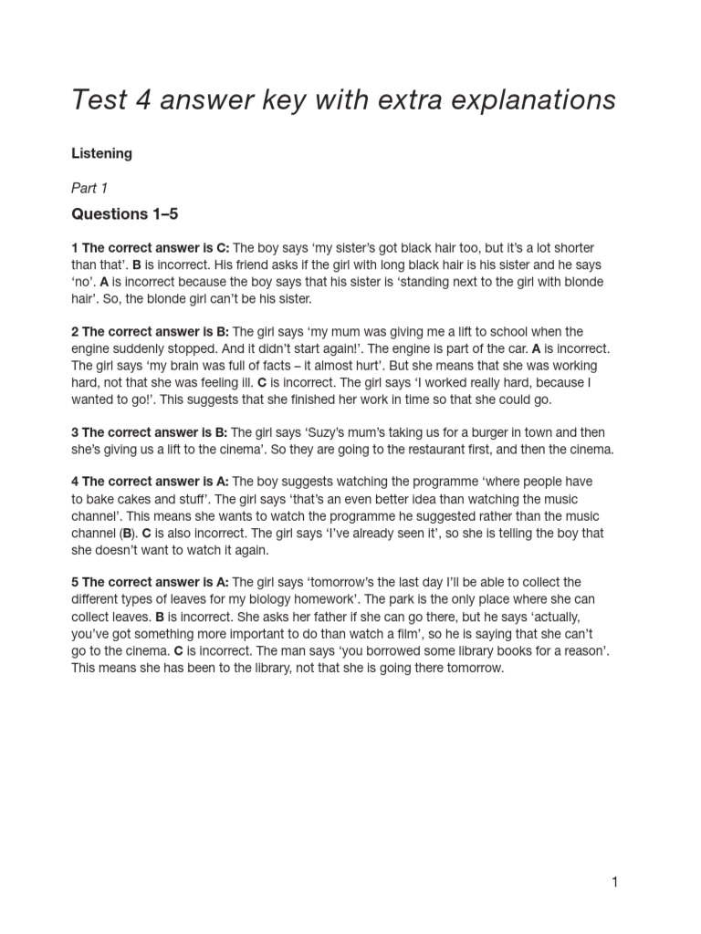A2 Key for Schools Test 4 Answer Key | PDF