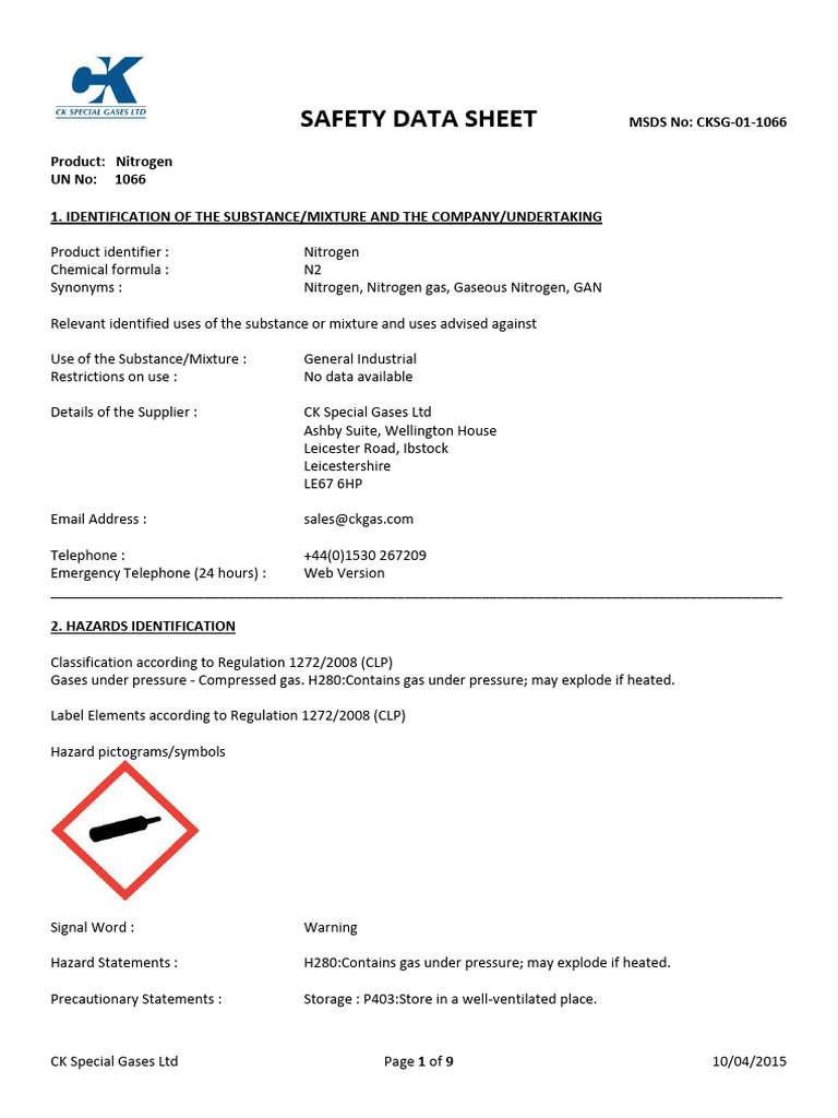 Nitrogen Safety Data Sheet (MSDS) | PDF | Valve | Toxicity