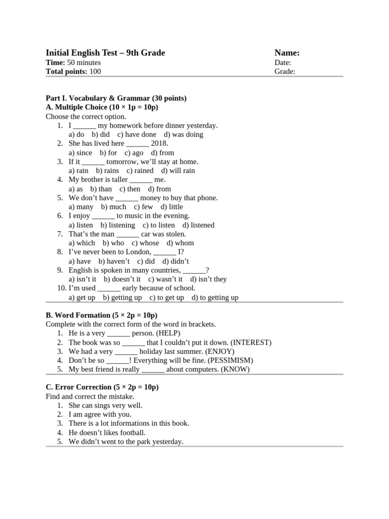 Initial English Test 9th Grade | PDF | Learning | Human Communication