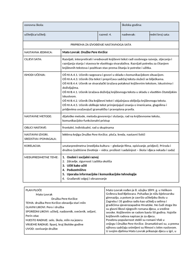 Lektira Mato Lovrak-Druzba Pere Kvrzice | PDF