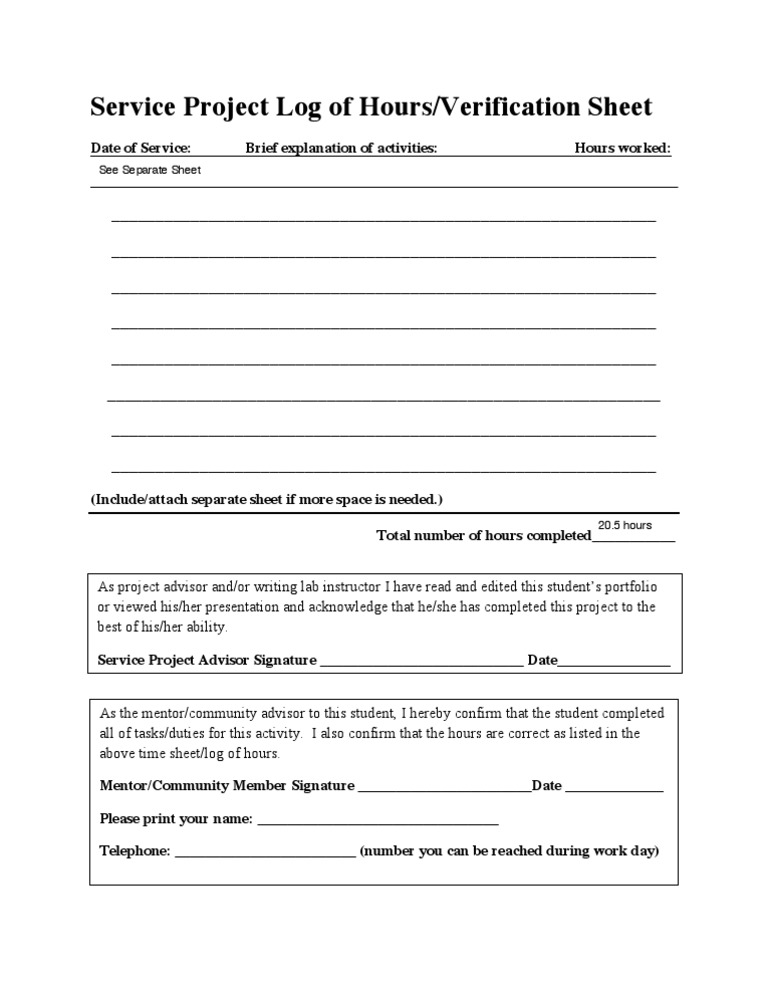 Service Project Log of Hours/Verification Sheet | PDF