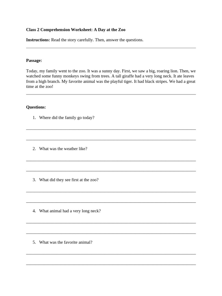 Zoo Day Comprehension Worksheet | PDF