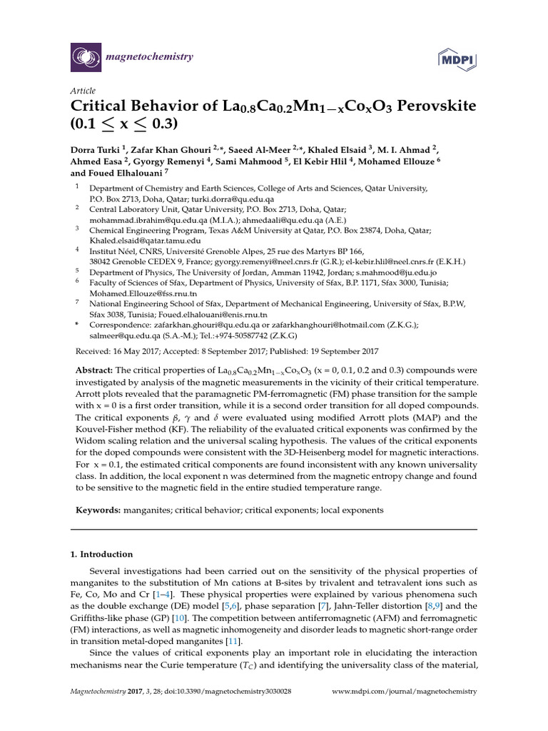Critical Behavior of La0 8ca0 2Mn1 XCoxO | PDF | Phase Transition ...