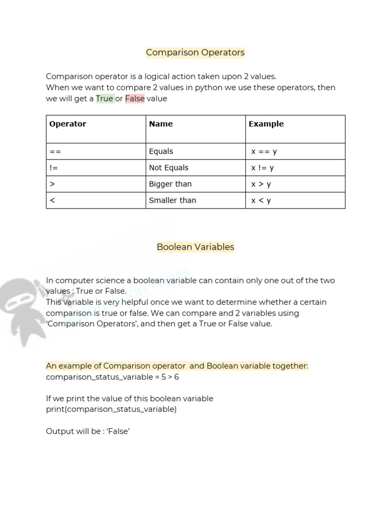 Comparison Operators: Operator Name Example | PDF