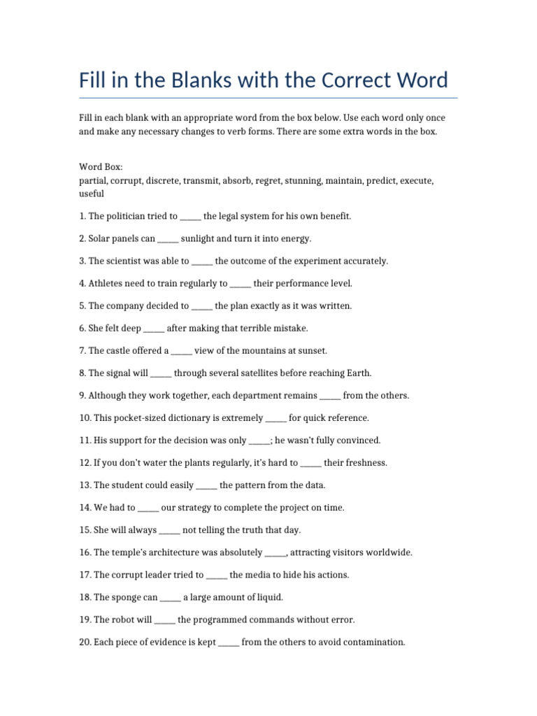 Fill in The Blanks 20 Words | PDF