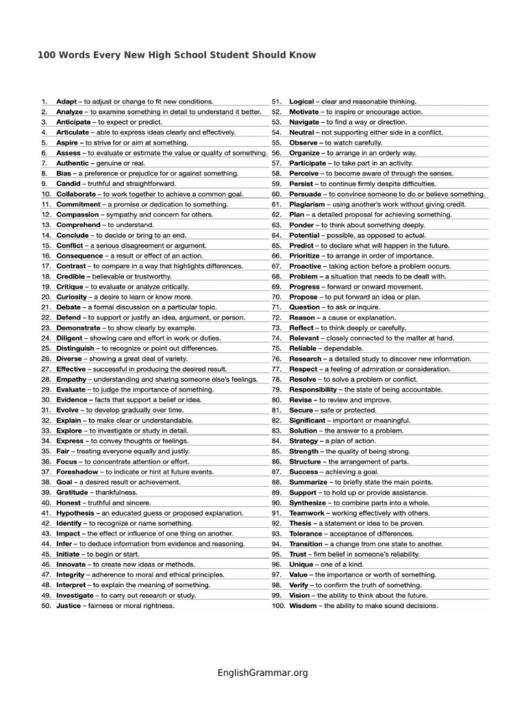 100 Words Every New High School Student Should Know | PDF | Thought ...