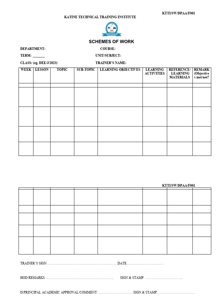 KTTI Course Schemes of Work Template | PDF