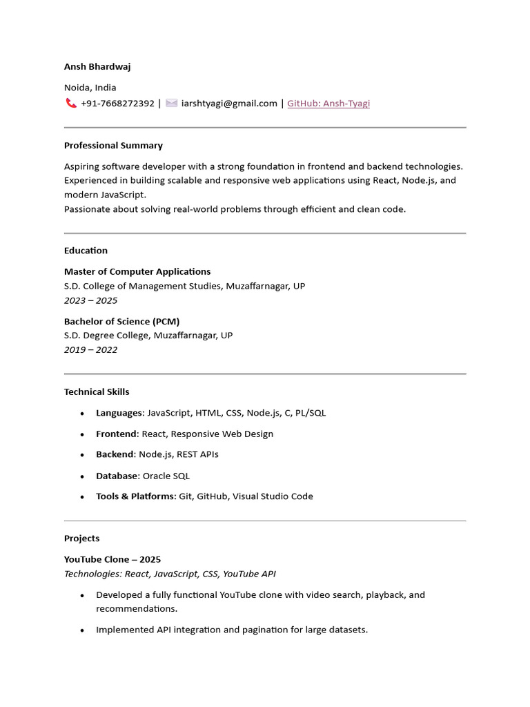 Ansh Bhardwaj: Aspiring Software Developer | PDF