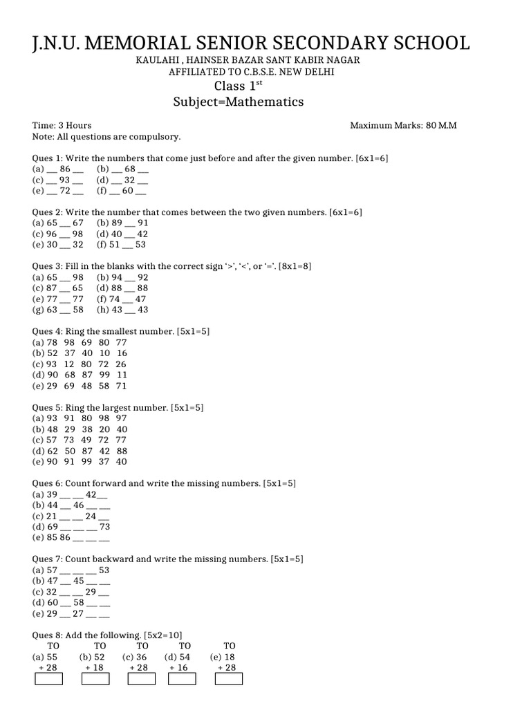 Class 1 Maths Question Paper | PDF